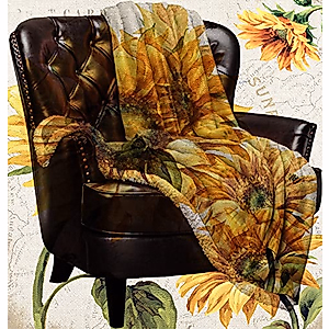 AmbeHome Luxury Sherpa Fleece Blanket, Sunflower Sherpa Blanket Fuzzy Throw Blanket Soft Plush Blankets and Throws for Bed Sofa, 50x60 Vintage Floral Bee Illustraction