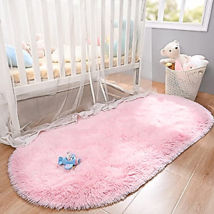 Merelax Soft Shaggy Rug for Kids Bedroom, Oval 2.6'x5.3' Pink Plush Fluffy Carpets for Living Room, Furry Carpet for Teen Girls Room, Anti-Skid Fuzzy Comfy Rug for Nursery Decor Cute Baby Play Mat