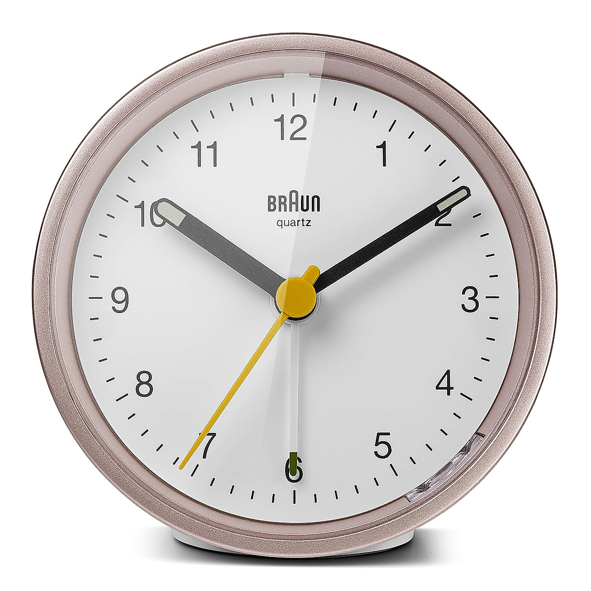 Braun Classic Analogue Alarm Clock with Snooze and Light, Quiet Quartz Movement, Crescendo Beep Alarm in White and Rose, Model BC12PW.