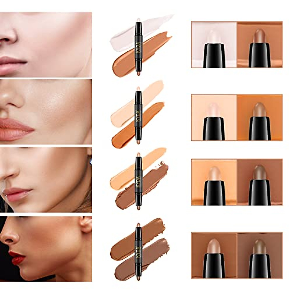 FREEORR 8 Colors Highlight Contour Stick, 2 in 1 Body Makeup Shding Stick, Face Highlighters Sticks,4 Packs Contouring Highlighting Foundation Shadow Cream Pen