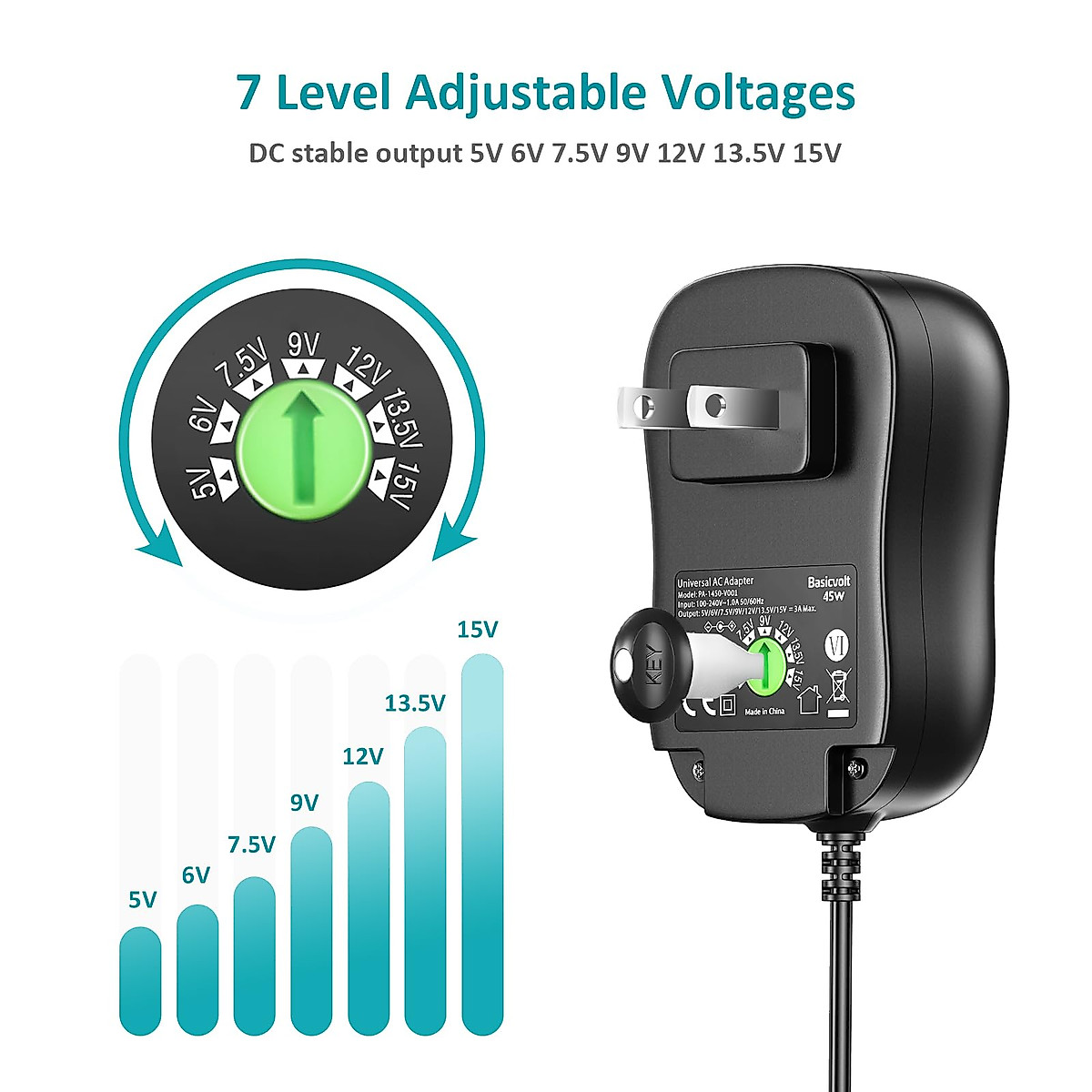 Basicvolt Universal Power Supply 5V 6V 7.5V 9V 12V 13.5V 15V 3A 2.5A AC DC Power Adapter 45W Wall Charger with 5V 2A USB Plug for Electronics 2.5A 2500mA 3000mA 3Amp Max with 12pcs Adaptor Tips