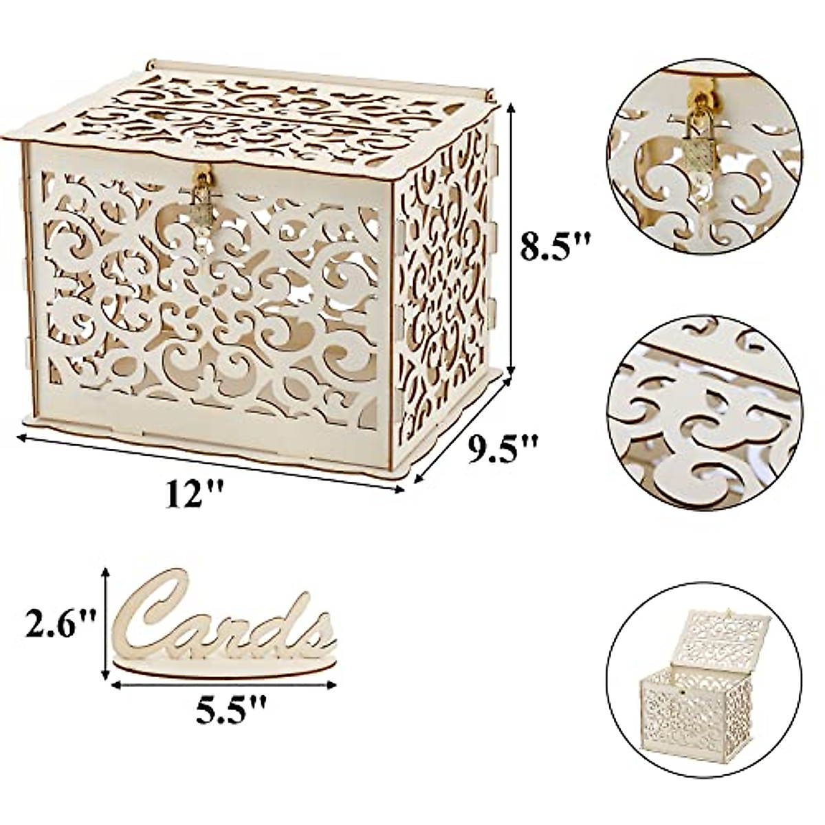 Okllen Wood Wedding Card Box with Lock and Card Sign, Large Rustic Wooden Card Box DIY Money Envelop Gift Holder, Hollow Envelope Box for Wedding Reception, Baby Shower, Birthday, Graduation, Yellow