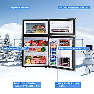 COSTWAY Compact Refrigerator, 3.2 cu ft. Unit 2-Door Mini Freezer Cooler Fridge with Reversible Door, Removable Glass Shelves, Mechanical Control, Recessed Handle for Dorm, Office, Apartment (Grey)