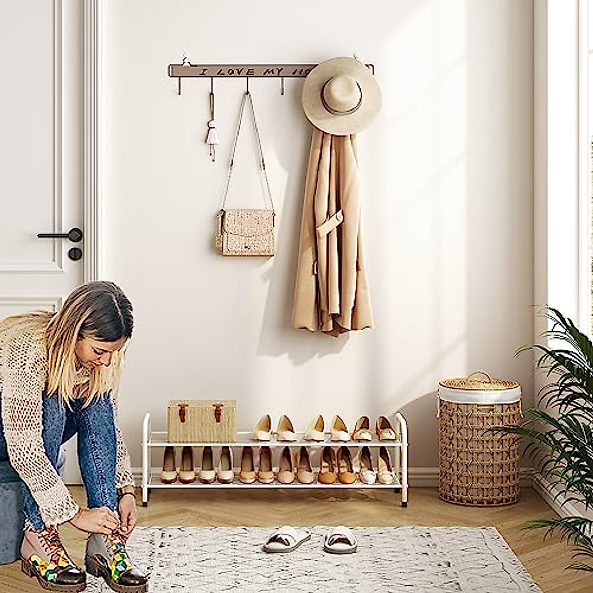 Hoctieon 2 Tier Shoe Rack for Closet, Shoe Rack FreeStanding, Entryway Shoe Shelf, Shoe Storage Organizer, Durable Mesh Style Shoe Rack, White