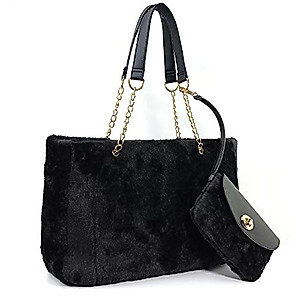 Fur Carryall Tote Bag with Wristlet Clutch Women Chain Shoulder Handbag (Black) Large