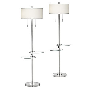 Possini Euro Design Concierge Modern Floor Lamps 63" Tall Set of 2 with Double Tray Table USB Charging Port Brushed Nickel Drum Shades Decor for Living Room Reading House Bedroom Home