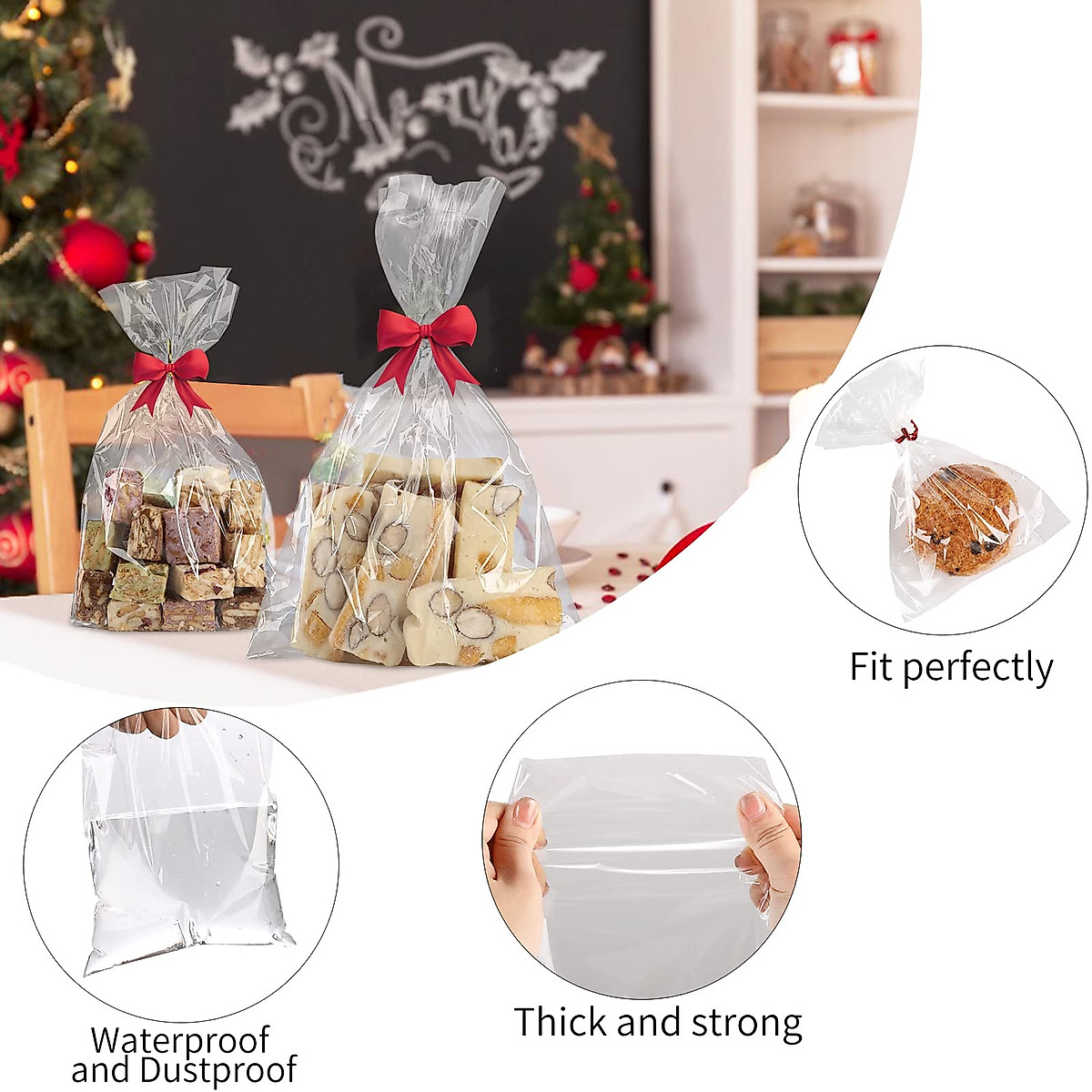 100 Pcs 7 in x 5 in(1.4mil.) Clear Flat Cello Cellophane Treat Bags Good for Bakery, Cookies, Candies,Dessert with random color Twist Ties!
