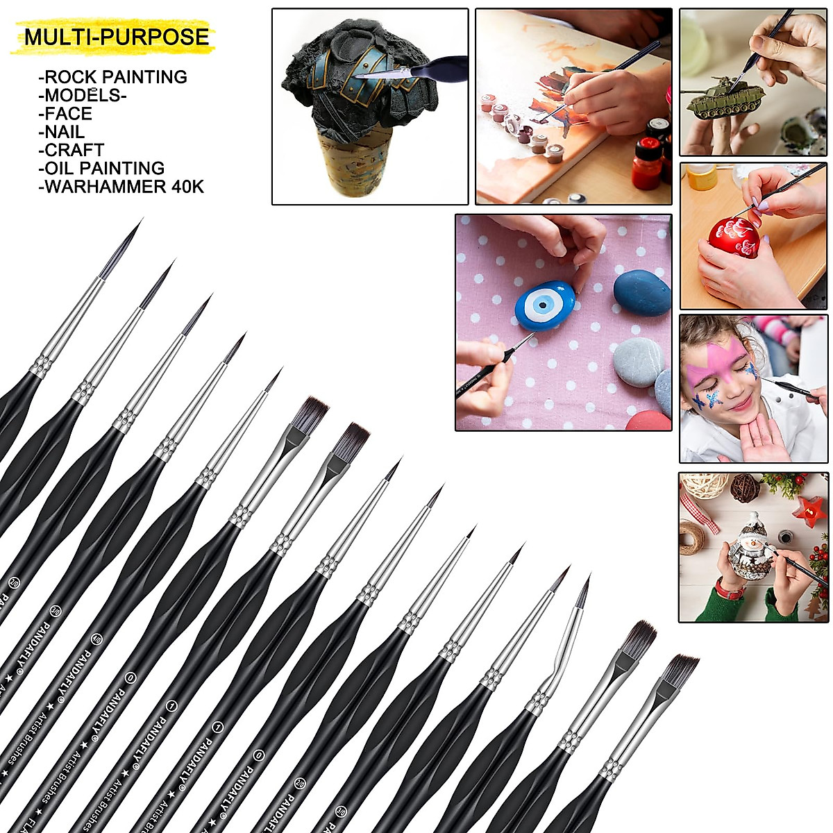 PANDAFLY Detail Paint Brushes Set, 15pcs Miniature Brushes for Fine Detailing & Art Painting - Acrylic, Oil, Watercolors & Paint by Number, Models, Face, Nail, Craft, Warhammer 40k