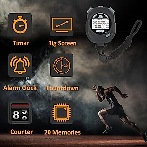 Stopwatch, Amble Countdown Timer and Stopwatch Record 20 Memories Lap Split Time with Tally Counter and Calendar Clock with Alarm for Sports Coaches and Referees