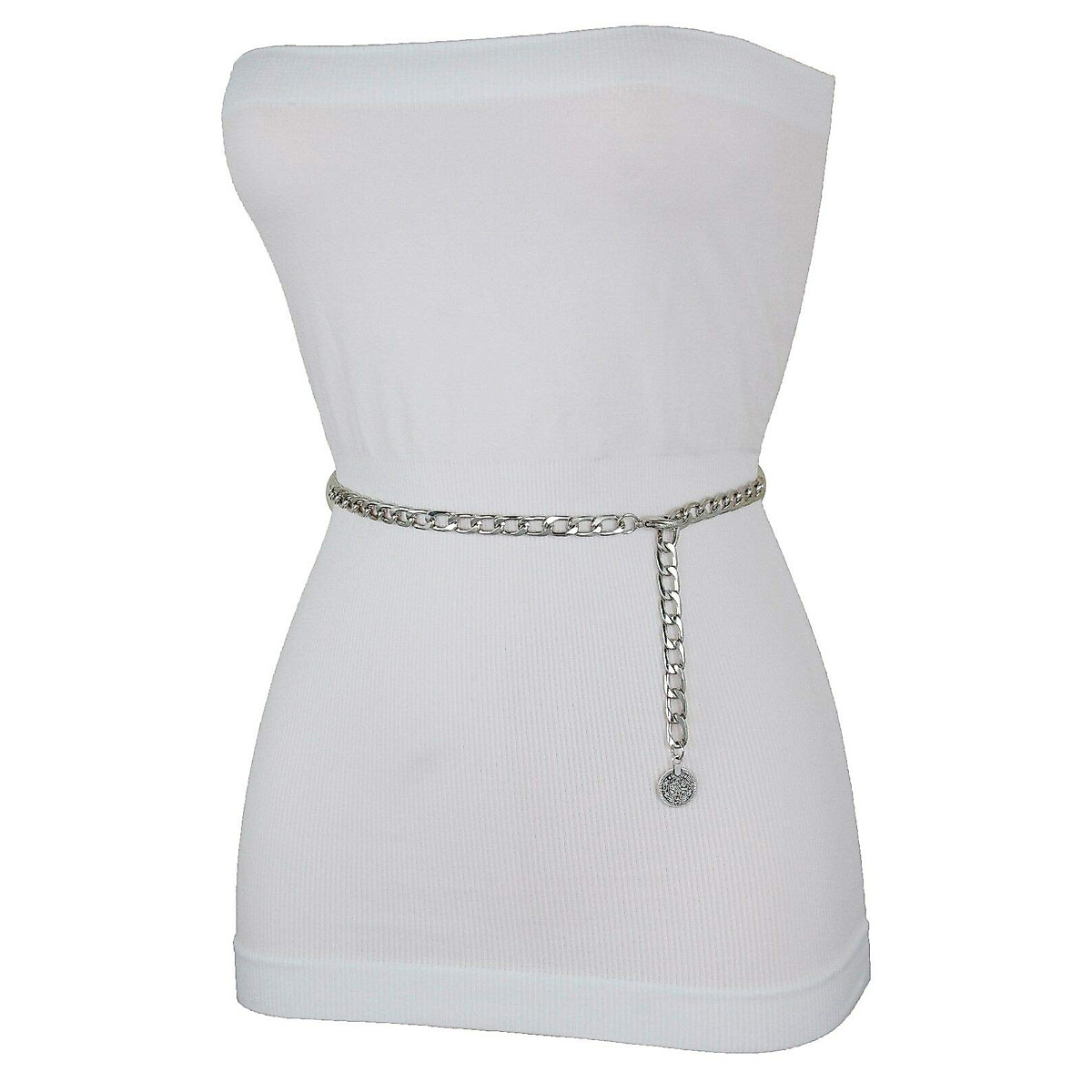 Women Fashion Skinny Belt High Waist Hip Silver Metal Chain Coin Charm Buckle Fit Size XS S M