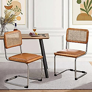 Alunaune Mid Century Modern Dining Chairs Set of 2, Upholstered Natural Rattan Kitchen Accent Chairs, Armless Side Chair with Metal Chrome Legs for Bedroom Living Room-Brown with PU Seat