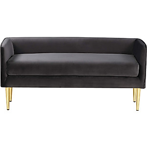 Meridian Furniture Audrey Collection Modern | Contemporary Velvet Upholstered Bench with Sturdy Metal Legs in Gold Finish, 52" W x 19" D x 24" H, Grey