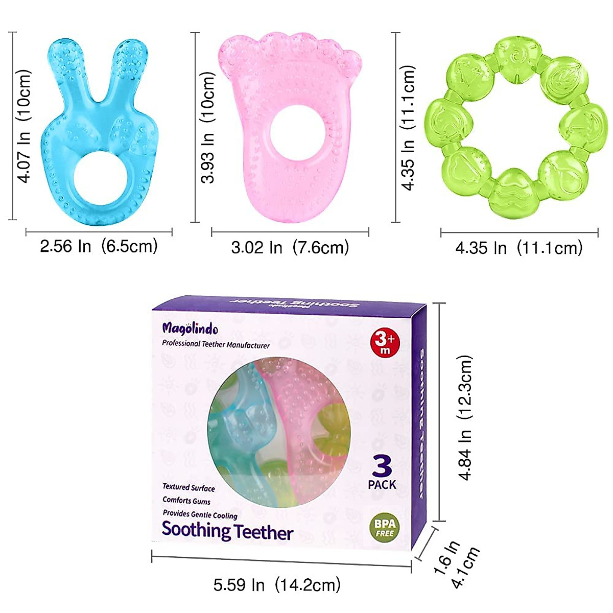 3-Pack Water Teether, Soothing Teether Set, Baby Teething Toys 02, Blue/Pink/Green