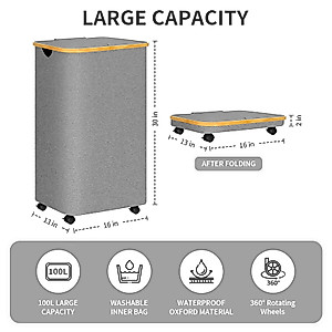 Laundry Hamper with Wheels and Lid, 100L Laundry Hamper on Wheels, Collapsible Storage Dirty Cloth Hamper with Removable Laundry Bag, Clothes Storage Basket with Handles for Home(Gray)