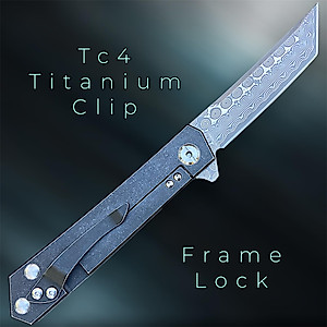 TACTICAL GEARZ Damascus Pocket Folding Knife, Solid Titanium Handle! 67 Multi Layers Damascus VG10 Steel Tanto Blade! (Saint DXT Beast Bundle)
