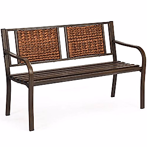 Giantex Patio Garden Bench Heavy-Duty Ergonomic Loveseat W/Powder Coated Steel Frame,Decorative Rattan Backrest & Curved Armrest for Outdoor Garden, Backyard, Lawn, Porch, Path Park Bench