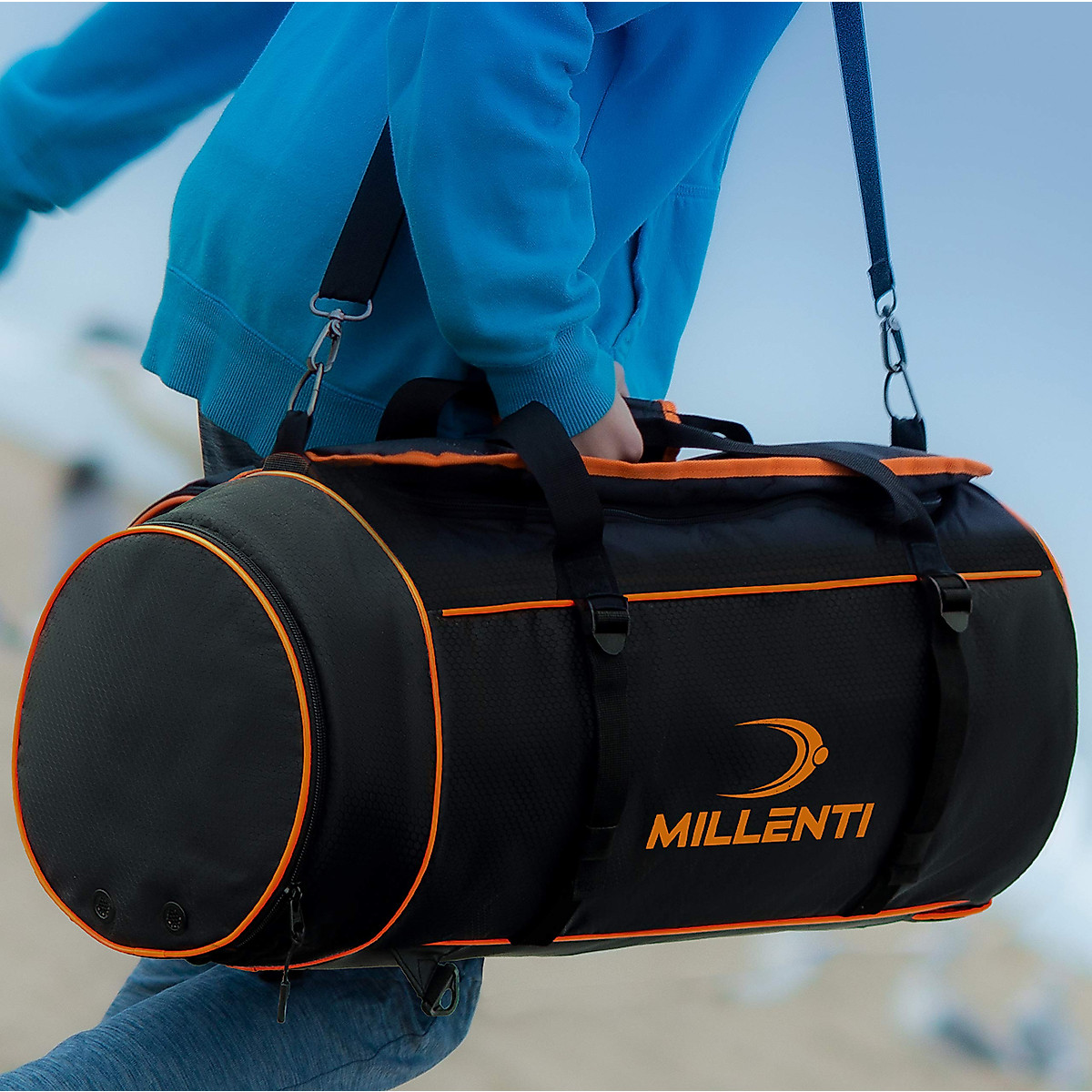 Millenti Sports Duffle Bag for Women Men - Weekender Travel Backpack 40l Gym Bag w/Shoe Compartment - Lacrosse Duffle Bag, Soccer Bag, Basketball, Volleyball, Football, DB-BLK/ORANGE