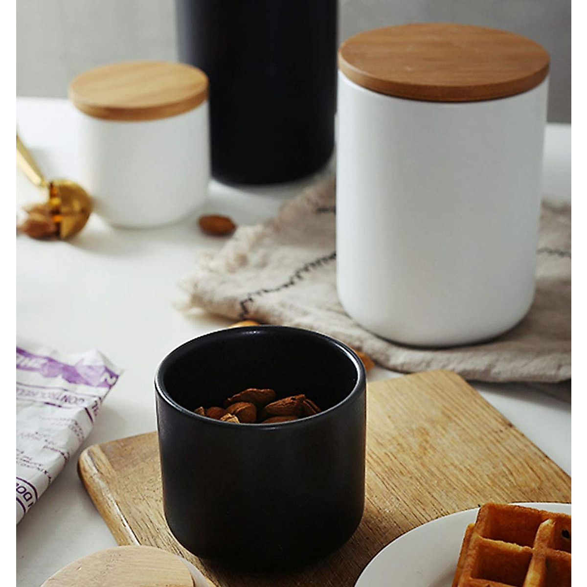 Mozacona Ceramic Pure Color Sugar Bowl Spice Jar Storage Pot with Wooden Lid