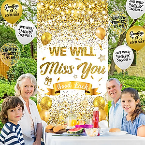 Farewell Party Decorations White Gold We Will Miss You Door Cover Banner and 18Pcs Good Luck Goodbye Balloons for Going Away Retirement Graduation Farewell Anniversary Leaving Party Supplies