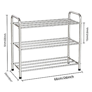 NEFSO 3-Tier Shoe Rack, 100% Stainless Steel Shoe Cabinet, Stackable 9 Pairs of Storage Racks, Suitable for Bedroom, Closet, Entrance, Dorm, L26 w9 h20(Silver)-Three Floors-Silver