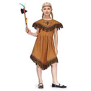 IIMMER Girls Halloween Native American Costume Brown Fringed Indians Pleated Aline Dress Outfit with Headband 9-10 Years