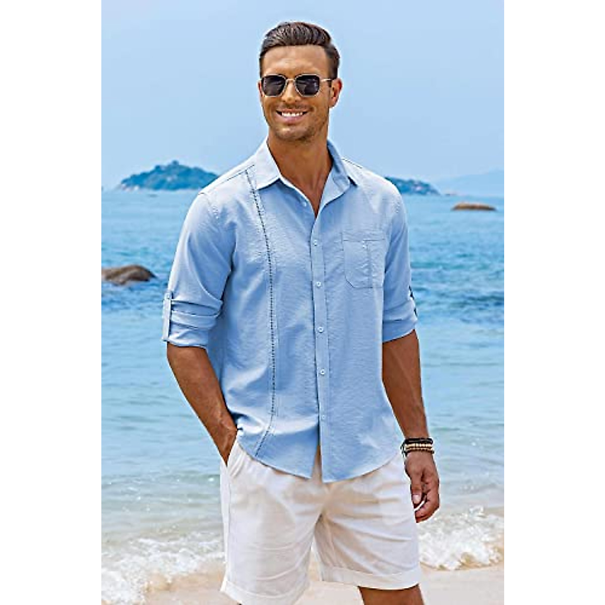 COOFANDY Mens Shirts Long Sleeve Cuban Camp Guayabera Shirt Linen Beach Button Down Shirts Light Blue