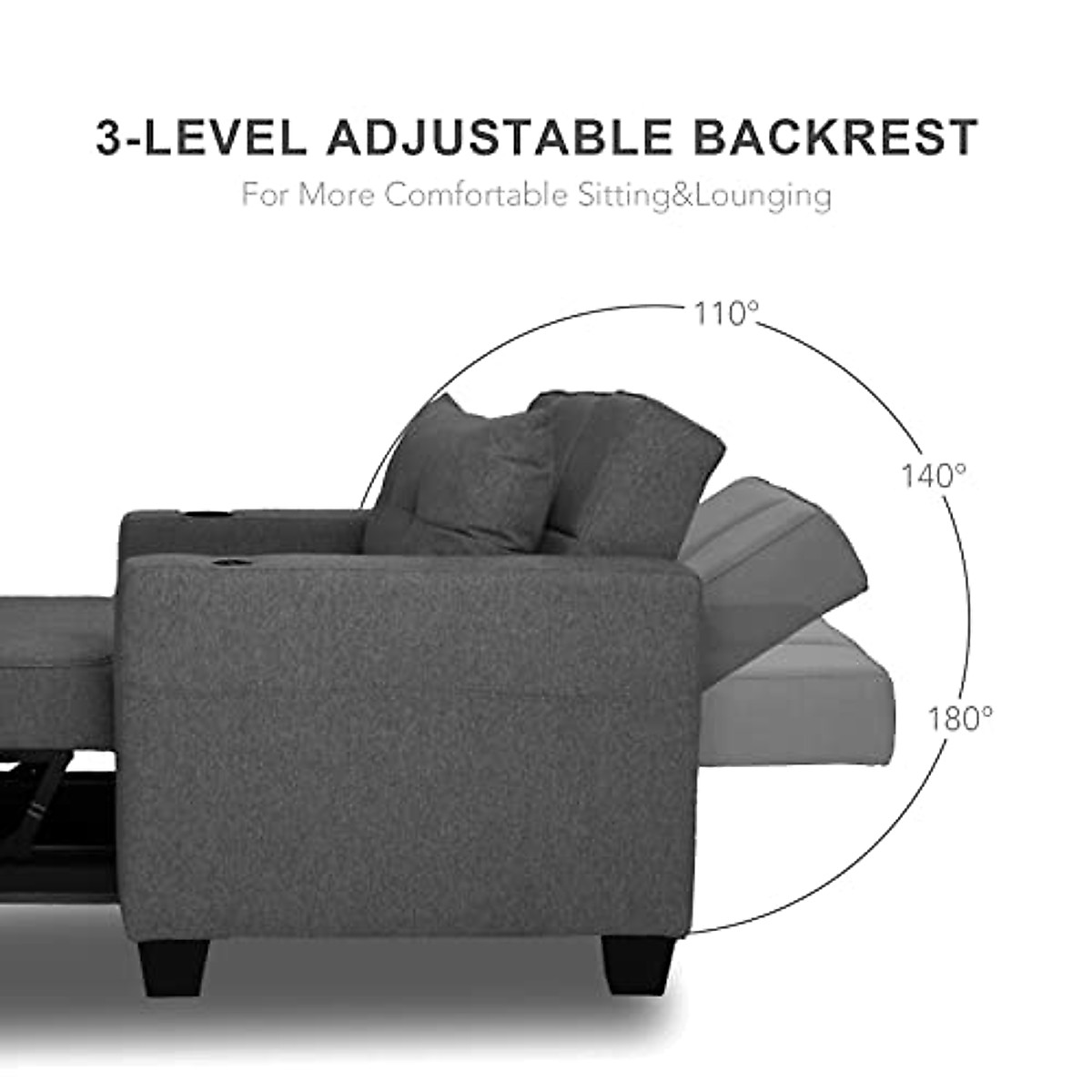 DURASPACE Futon Chair Bed Convertible Chair 3-in-1 Pull Out Sleeper Chair Beds with USB Ports, Armchair Bed Sleeper for Living Room (Dark Gray)