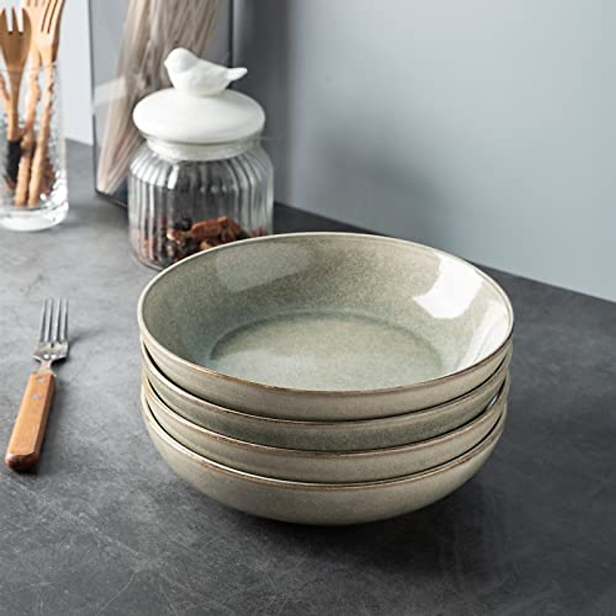 AmorArc 8.5'' Large Pasta Bowls, 36oz Stoneware Pasta Serving Bowls Set of 4 for Kitchen, Wide Bowls for Pasta,Salad,Oatmeal, Microwave Safe, Reactive Glaze