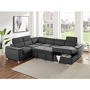 THSUPER 125'' U Shaped Sectional Sleeper Sofa with Pull Out Bed, Storage Chaise Lounge, and Adjustable Headrest, U Shaped Sectional Couches for Living Room - Dark Grey