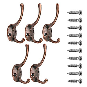 MroMax Dual Prong Coat Hooks Wall Mounted Retro Double Hooks Utility Hook for Coat Scarf Bag Towel Key Cap Cup Hat 3.43" x 1.81"(L x H), Red Copper Tone 5pcs