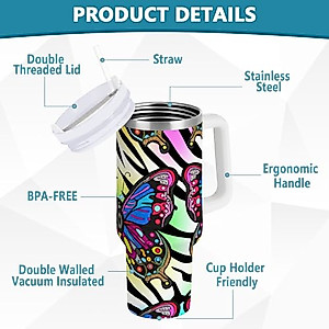 ODAWA Large Butterflies Zebra Insulated Tumbler Cups with Handle and Straw, 2 in 1 Lid Double Insulated Tumblers