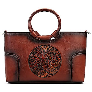 PU Handbag for Women,Vintage Design Embossed Totem Purse Organizer Top-Handle Satchel Handmade Medium Crossbody … (Brown)