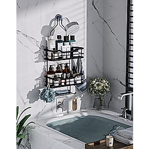 Consumest Shower Caddy over Head Hanging Shower Caddy with Soap Holder, Rustproof & Waterproof Shower Shelf with 4 Movable Hooks, No Drilling Black Shower Rack for Bathroom, Shower Room