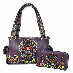 Texas West Women's Embroidered Sugar Skull Handbag Purse Wallet Set in Multi Color (Purple)