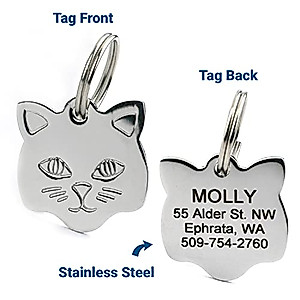 GoTags Cat ID Tag, Personalized Cat Shape Pet ID Tag in Stainless Steel, Includes up to 4 Lines of Custom Engraved Text – Stainless Steel, Kitty Face