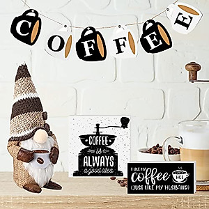 13 Pieces Coffee Bar Tiered Tray Decor Signs Set Coffee Plush Gnome Coffee Bar Wooden Signs Coffee Flag Wooden Bead Garland Decoration for Coffee Bar Coffee Station Shelf Mantel
