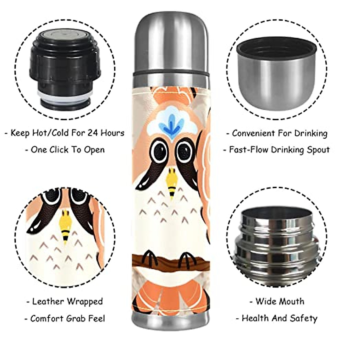 Stainless Steel Leather Vacuum Insulated Mug Bird Thermos Water Bottle for Hot and Cold Drinks Kids Adults 16 Oz