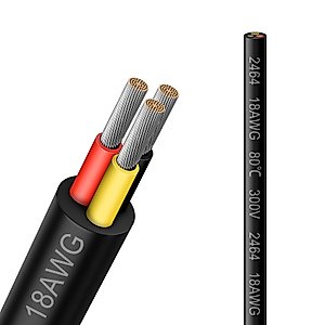 18 Gauge 3 Conductor Electrical Wire, 16.5FT 2464 18AWG 3 Wire Cable Black PVC Stranded Tinned Copper, 18/3 Cord Extension Low Voltage Cable