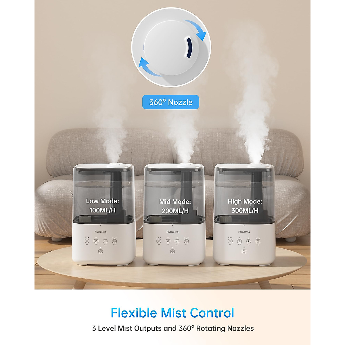 FABULETTA Humidifiers for Bedroom, Warm and Cool Mist Humidifier Large Room for Home, 4.5L Top Fill Room Humidifier with 45H Runtime, 3 Mist Levels, Essential Oil Diffuser, Quiet Sleep Mode ＆ Timer