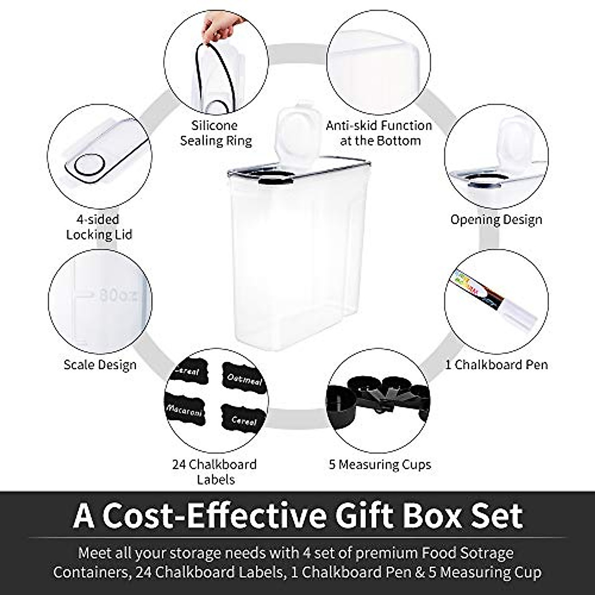 ME.FAN Cereal Storage Containers [6 Set] Airtight Food Storage Containers 2.5L(85.4oz) - Kitchen Storage Keeper with 5 Set Measuring Cups, 24 Chalkboard Labels & Pen (Black)
