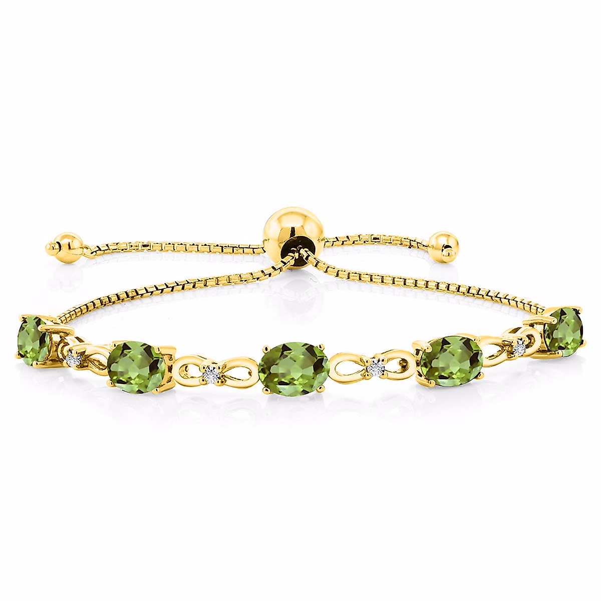 Gem Stone King 18K Yellow Gold Plated Silver Green Peridot and White Lab Grown Diamond Tennis Bracelet For Women (4.52 Cttw, Gemstone August Birthstone, Oval 7x5MM, Fully Adjustable Up to 9 Inch)