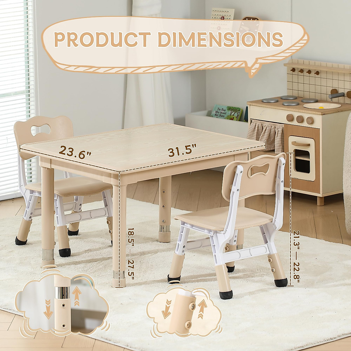 SINKIPA Todder Table and Chairs, 31.5''L x 23.6''W Sturdy kids Activity table with Stainless Steel Legs, Kids Table and 2 Chairs with Anti-Slip Foot Covers, Graffiti Desktop