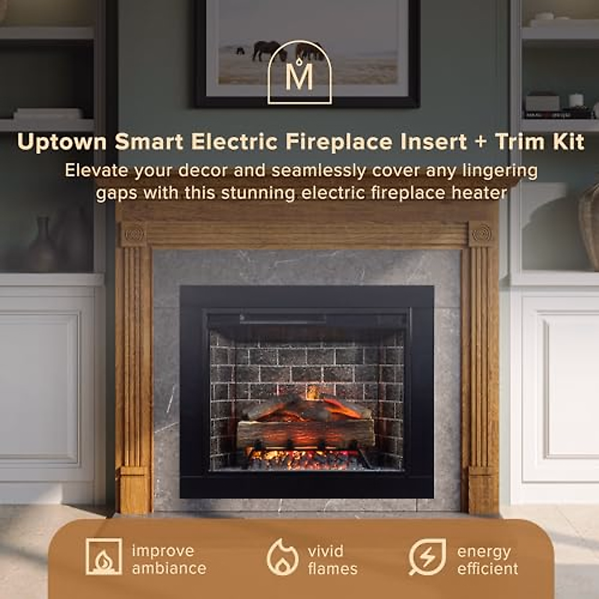 Modern Ember Uptown - Smart Home Electric Fireplace Insert + Trim, 28” Electric Heater Heats up to 1,000 sq. ft., Wall Fireplace Electric with Remote Control for Heat Settings and Flame Colors