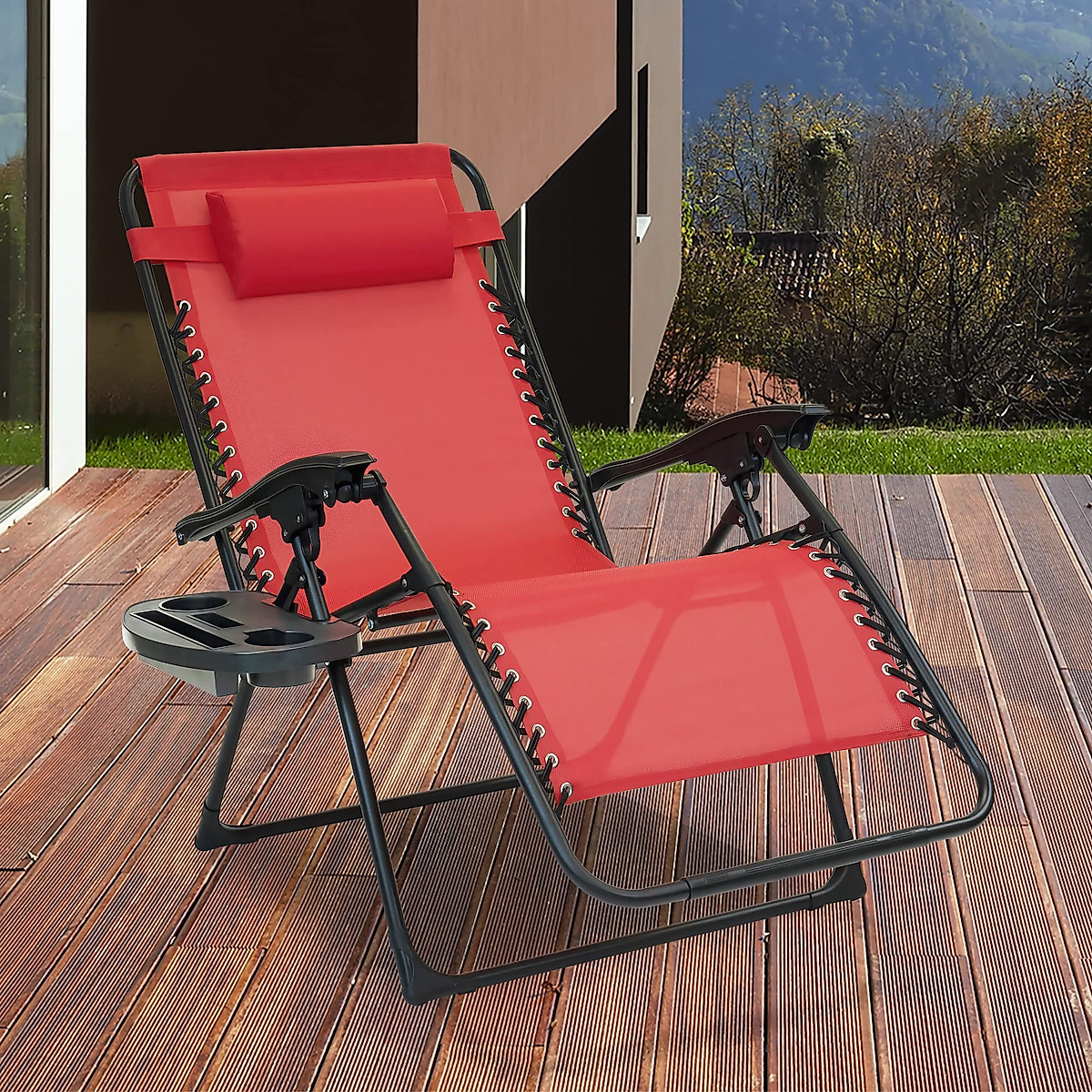 Sun-Ray Oversized Patio Chair with Leg Stabilizers and Big Cupholder, Adjustable Zero Gravity Folding Reclining Outdoor Chair with Pillow, Ruby Red