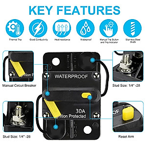 30 Amp Audio Circuit Breaker,12V-48V DC Fuse Holder,30-300A Breaker Switch,Inline Circuit Breaker with Reset Button,for Automotive Marine Boat Audio System Current Overload Protection