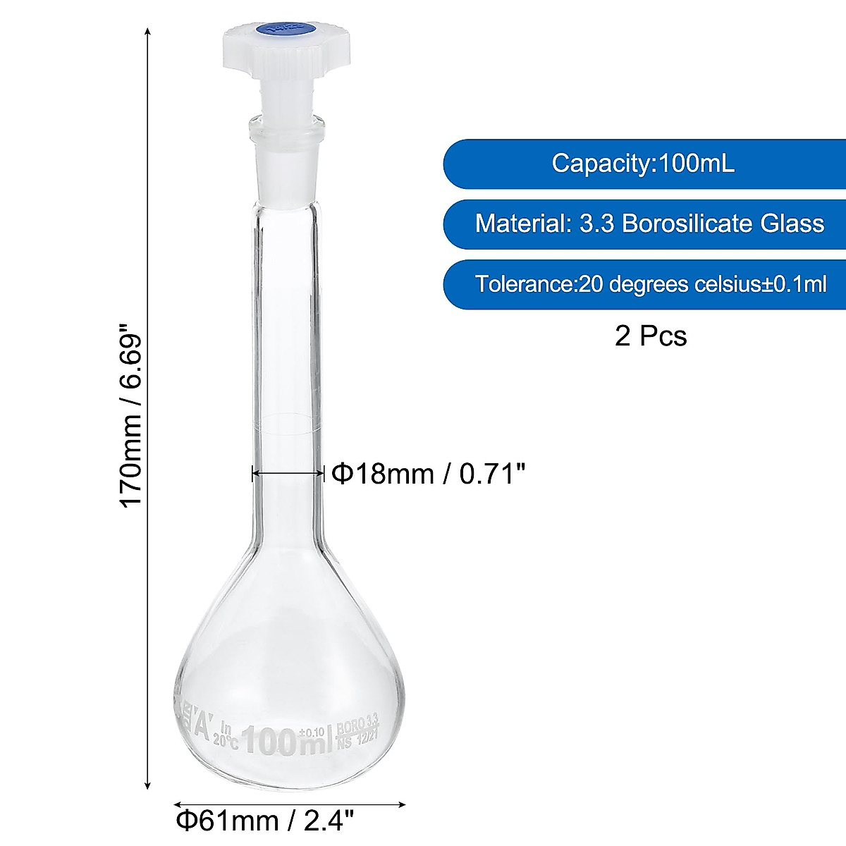 PATIKIL 100ml Volumetric Flask, 2Pcs 3.3 Borosilicate Glass Graduated Volumetric Measuring Flask with Plug Cap Tolerance 0.1ml for Lab Experiment, Clear