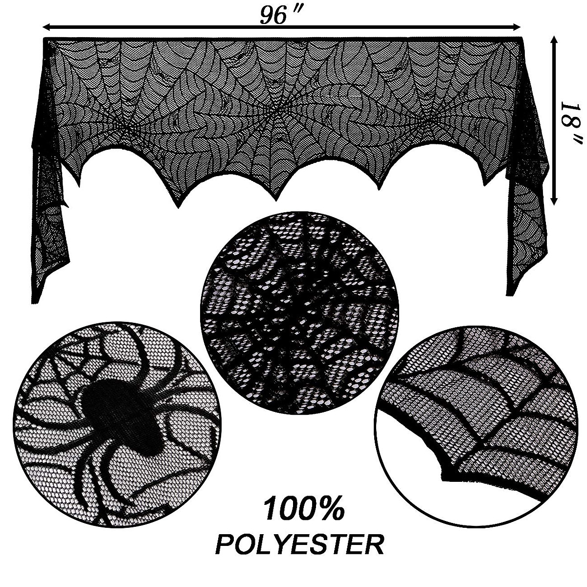 Sunnyglade Halloween 18"x96" Lace Spiderweb Fireplace Mantle Cover Fireplace Scarf & 54"x72" Rectangular Black Spider Web Lace Tablecloth, Festive Party Halloween Supplies