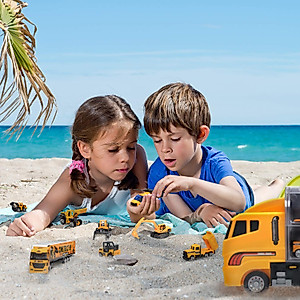 zoordo Construction Truck Toys Sets,11 in 1 Mini Die-Cast Truck Vehicle Car Toy in Carrier Truck,Gifts for 3 + Years Old Kids Boys Girls