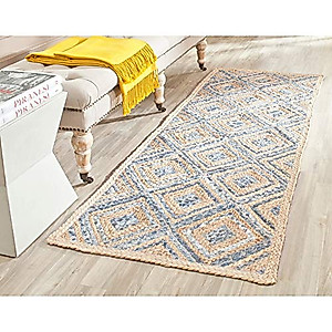 SAFAVIEH Cape Cod Collection 2'3" x 10' Natural / Blue CAP354A Handmade Flatweave Diamond Braided Jute & Denim Runner Rug