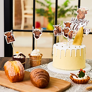 Tanlade 25 Pcs Highland Cow Cake Topper and Highland Cow Cupcake Topper, Highland Cow Birthday Decorations Highland Cattle Cake Decorations for Farm Animal Zoo Boy Girl Birthday Party Decor